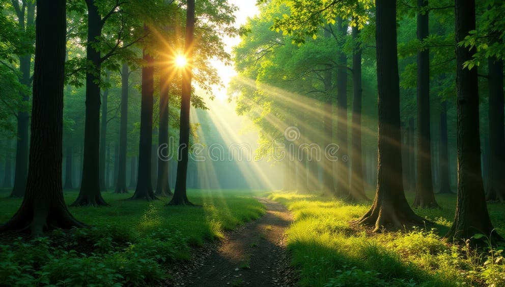 Panorama of a Forest with Sun Rays Filtering through the Trees, Tree ...