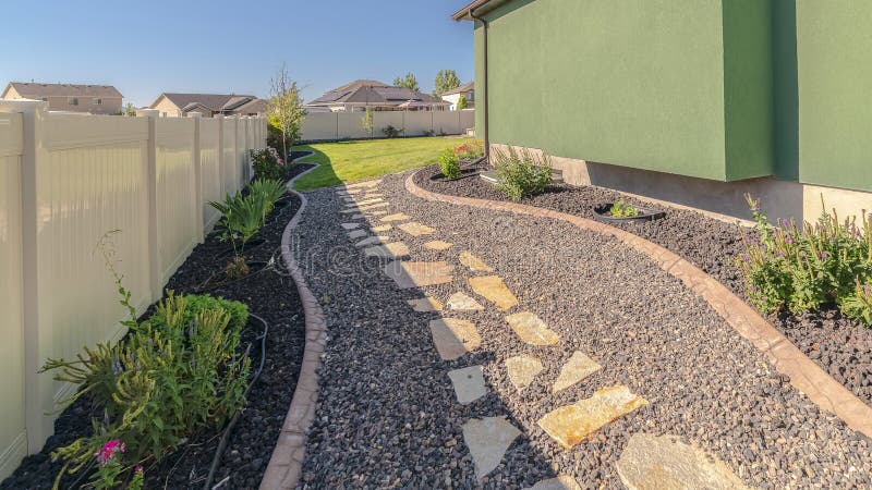 Panorama Frame Landscaped Garden Pathway and Suburban Backyard Day ...