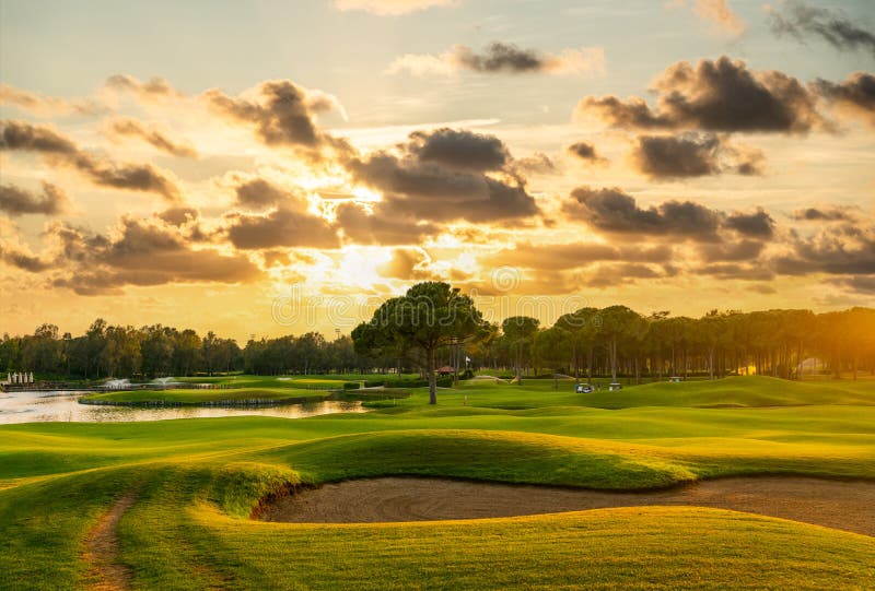 Panorama Golf Course with a Sand Bunker in the Center. Dramatic Clouds ...