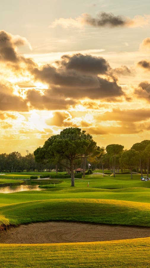 Panorama Golf Course with a Sand Bunker in the Center. Dramatic Clouds ...