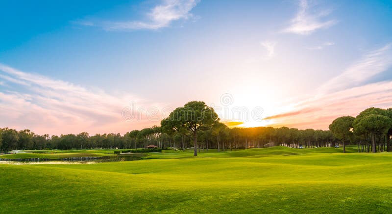 Panorama of Golf Course at Sunset with Beautiful Sky. Scenic Panoramic ...