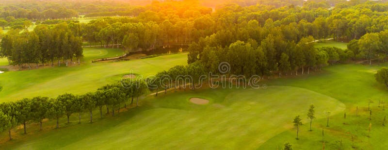 Panorama of Golf Course at Sunset. Scenic Panoramic View of Golf ...