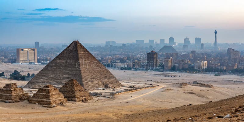 Panorama of the Great Pyramids of Giza with Cairo Skyline Stock ...