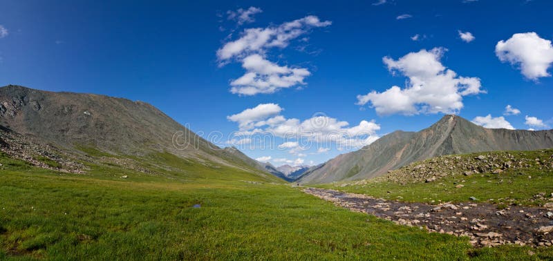 Panorama Green Mountain Valley with River Sayan Stock Photo - Image of ...
