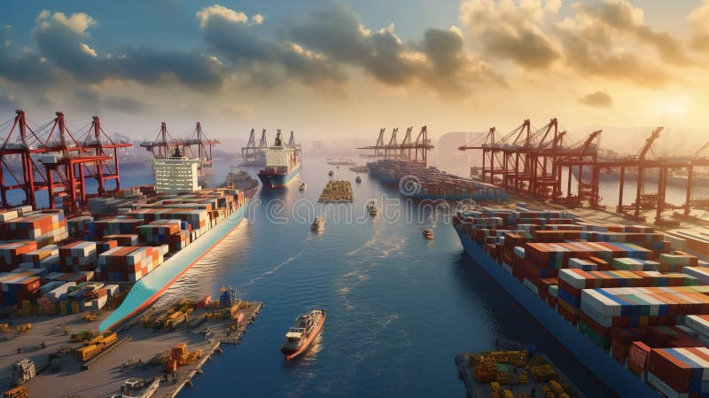 Panorama of the Harbor with Container Ships. Generative AI Stock ...