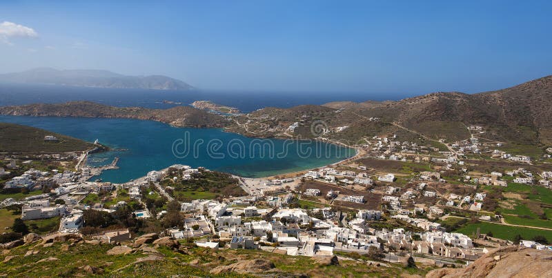 Panorama of Harbor and Waterfront of Ios Island, Cyclades, Greece Stock ...