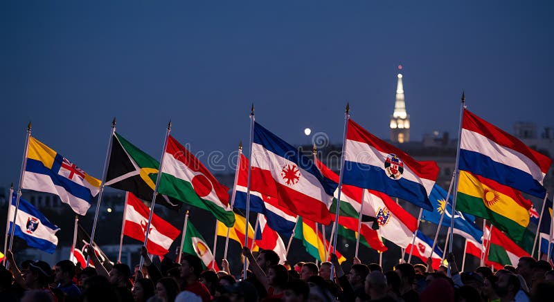 A Panorama of International Unity: Flags of the World at Dusk Stock ...
