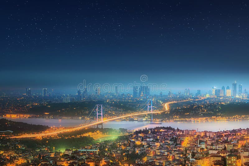 Panorama of Istanbul and Bosphorus Bridge at Night Stock Photo - Image ...