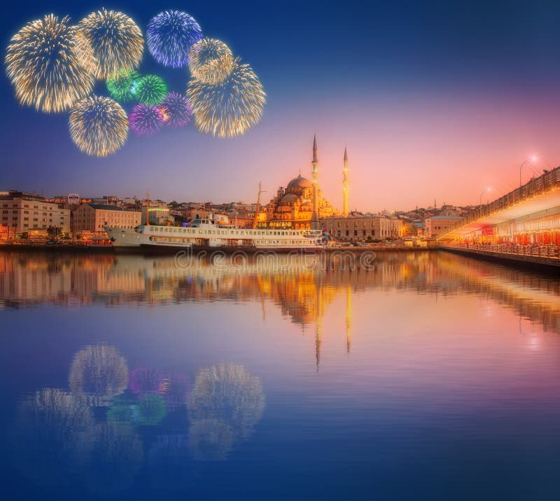 Panorama of Istanbul at a Dramatic Sunset with Fireworks Stock Photo ...