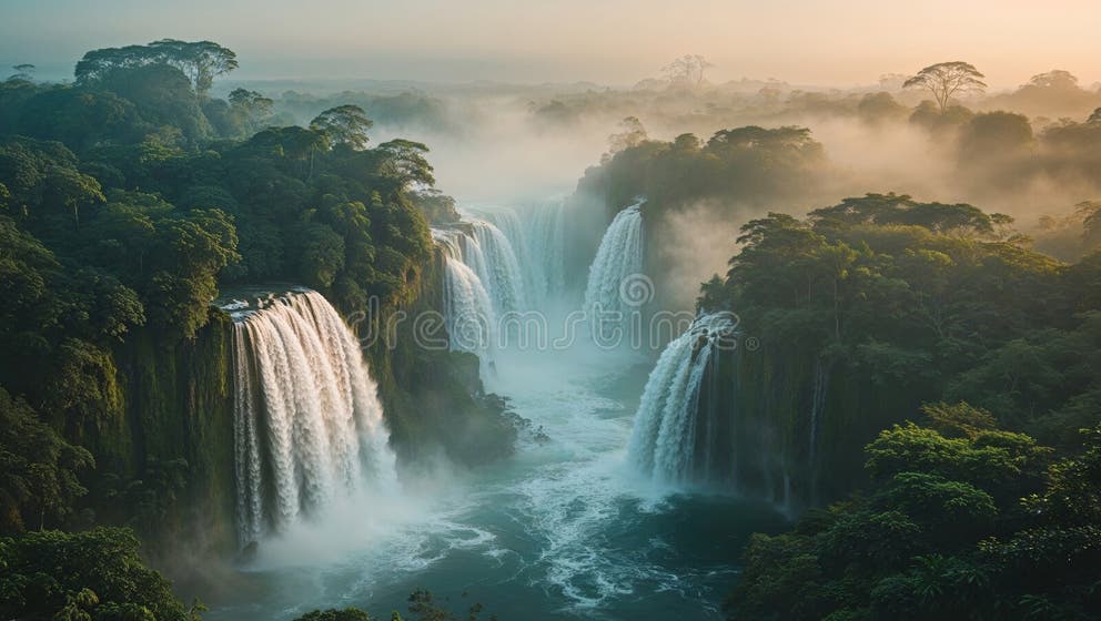 A Panorama of Jungle Waterfalls and Mist Stock Photo - Image of ...