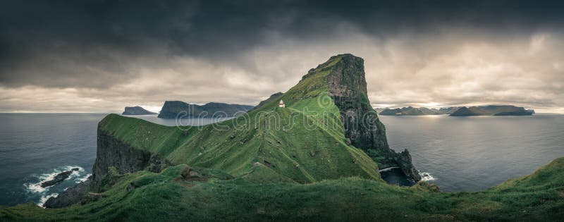 Panorama at Kalsoy Lighthouse with Steep Cliffs during Sunset, Faroe ...