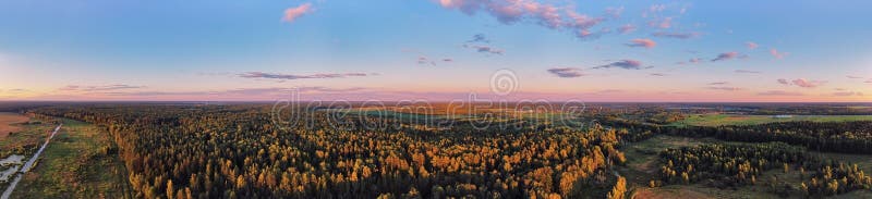Panorama of Landscape Sunset Over the Fields Stock Photo - Image of ...