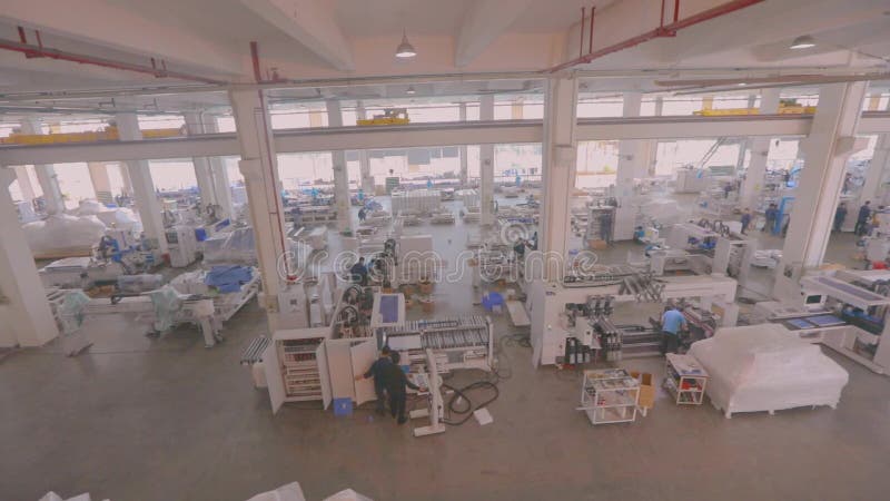 Panorama of a Large Modern Machine-tool Factory, a Lot of People ...