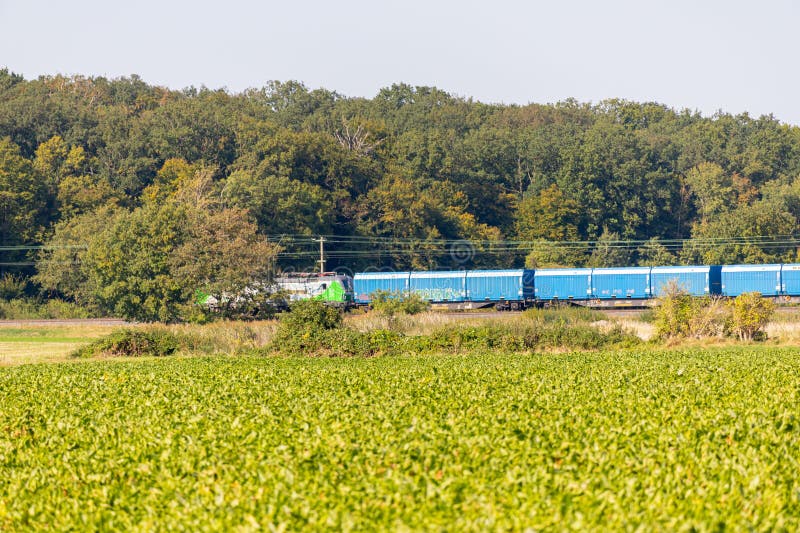 Panorama of a Long Train with Blue Wagons Stock Image - Image of ...