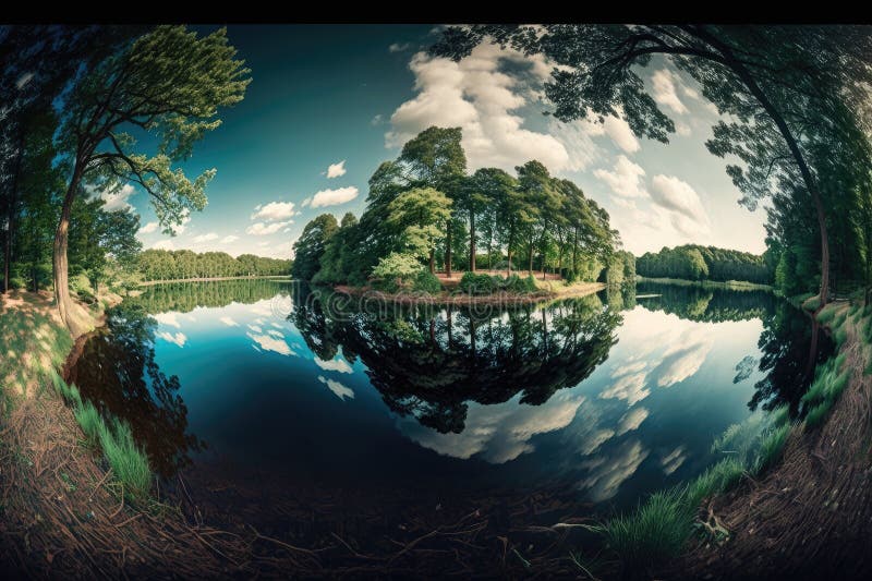 Panorama of Lush Forest with Towering Trees and Tranquil Lakes Stock ...