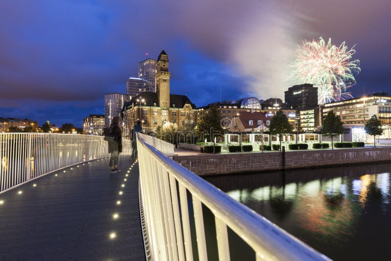 Panorama of Malmo at night stock photo. Image of architecture - 133000516