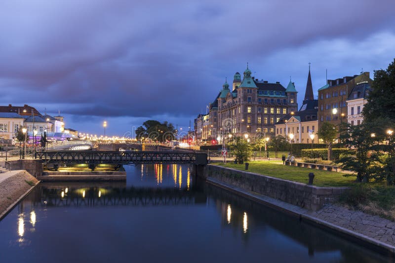 Panorama of Malmo at night stock image. Image of city - 141120095