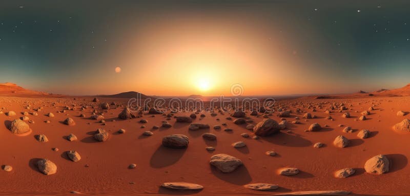 Panorama of Mars Landscape at Sunset. Rocky Terrain, Alien Planet Surface, Starry Sky Stock ...