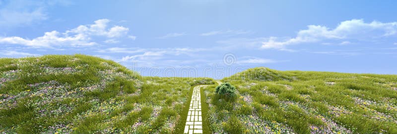 Panorama of a Meadow with Wildflowers and Stone Path Stock Illustration ...