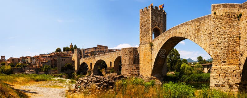 Panorama of Medieval Bridge with Gate Stock Image - Image of bridge ...