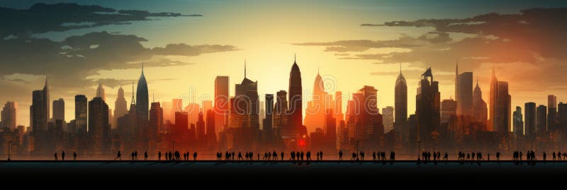 Panorama of a Modern City with Reflection at Sunset. Horizontal Banner ...