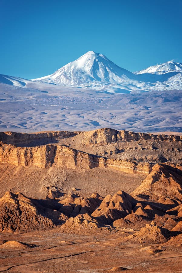 Panorama of Moon Valley in Atacama Desert, Snowy Andes Mountain Range ...