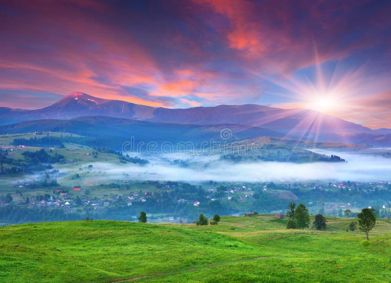Panorama of the Mountain Village in the Mist. Stock Image - Image of ...