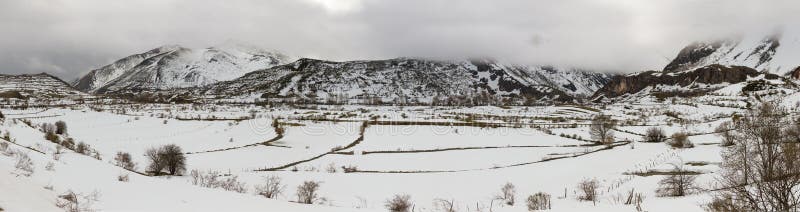 Panorama Mountainous Landscape with Snow Stock Photo - Image of ...