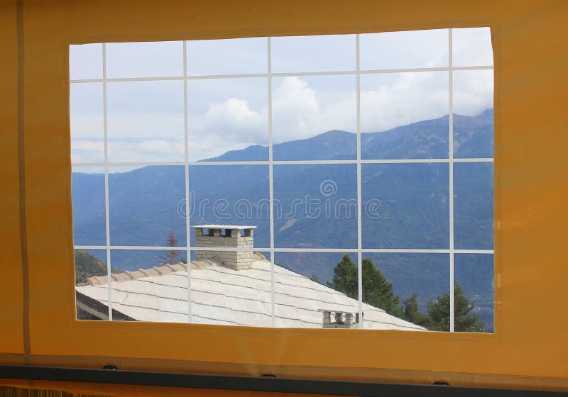 Panorama of Mountains through the Window Stock Photo - Image of clouds ...