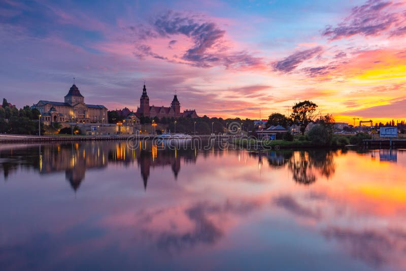 Old Town and Oder River at Sunset in Szczecin, Poland Stock Photo ...