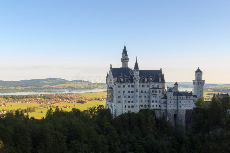 Panorama with Neuschwanstein Castle and Lake Forggensee in the ...