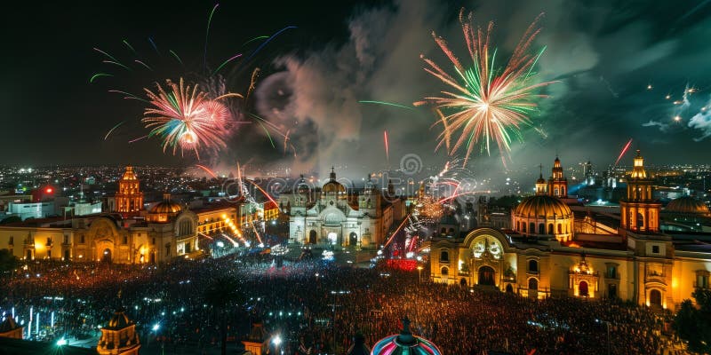 Panorama of a Night City with Fireworks Celebrating Mexican ...
