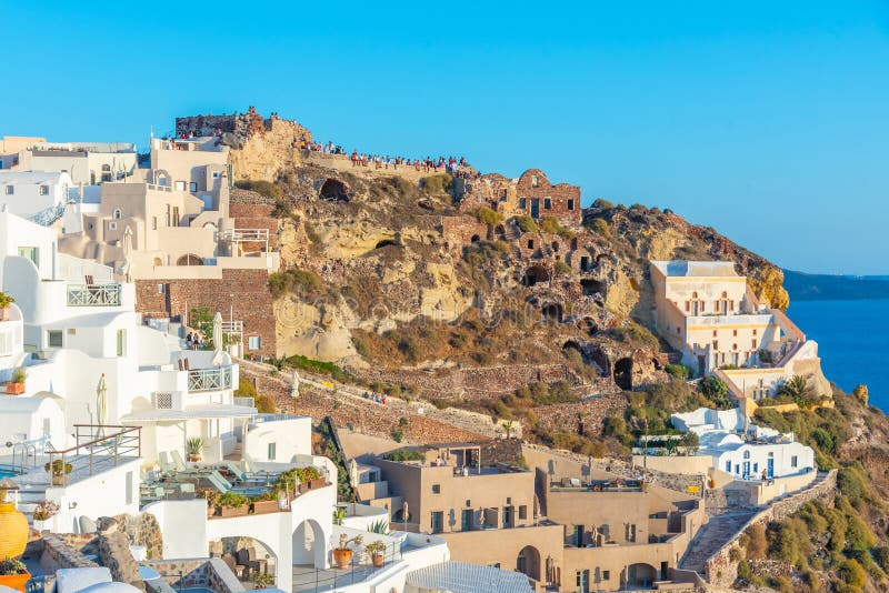 Panorama of Oia with Castle of Oia at Santorini Island, Greece Stock ...
