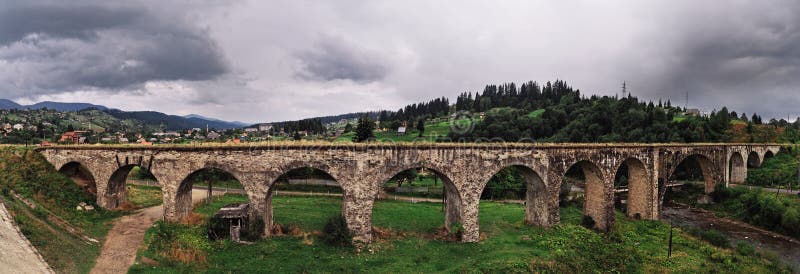 Panorama of the Old Austrian Bridge through the River at the Karpatian ...