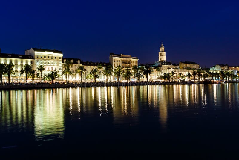 Panorama of Old Town of Split at Night Stock Photo - Image of evening ...