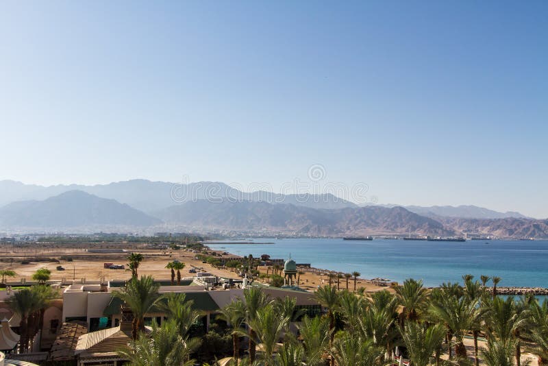 Panorama Op Aqaba Van Centraal Strand Van Eilat Stock Afbeelding ...