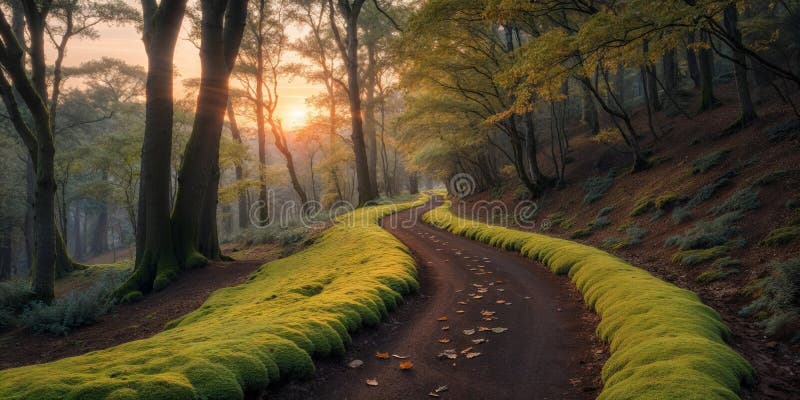 Panorama of a Path through a Forest in the Light of the Rising Sun ...
