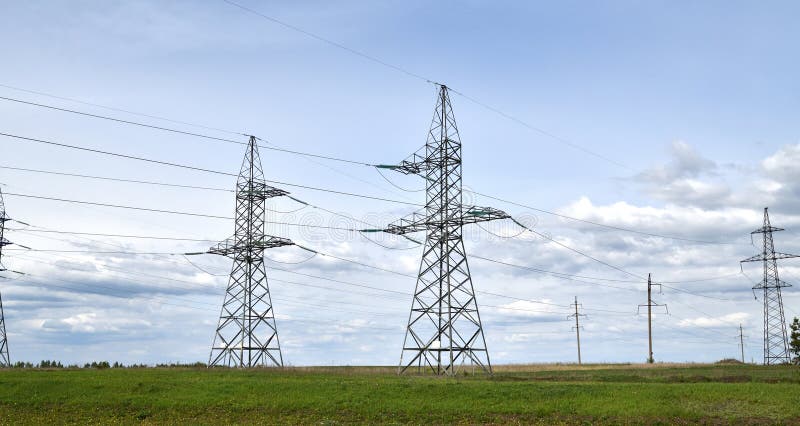 Panorama with Power Lines Against Backdrop of Nature in Summer, Russia ...
