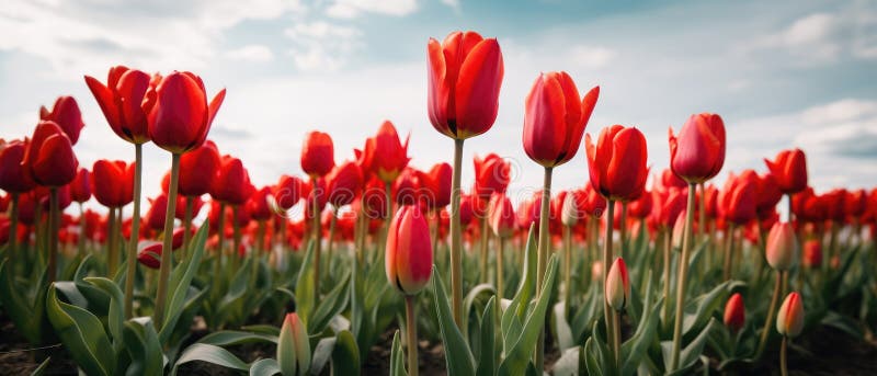 Panorama of Red Tulips Field from the Bottom View Stock Illustration ...