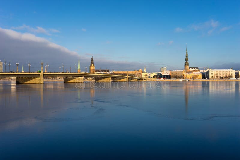 Panorama of Riga on the Frozen River and Fresh Snow Stock Photo - Image ...