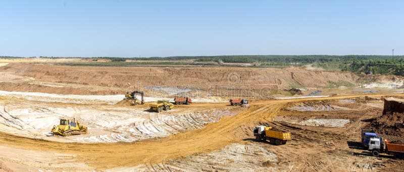 Panorama of the Sand Quarry. Extraction of Sand in the Quarry. Backhoe ...