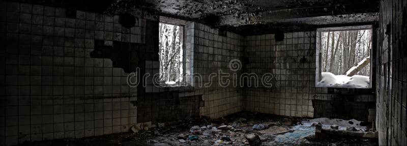 Panorama of a Scary Room in an Abandoned Building Stock Photo - Image ...