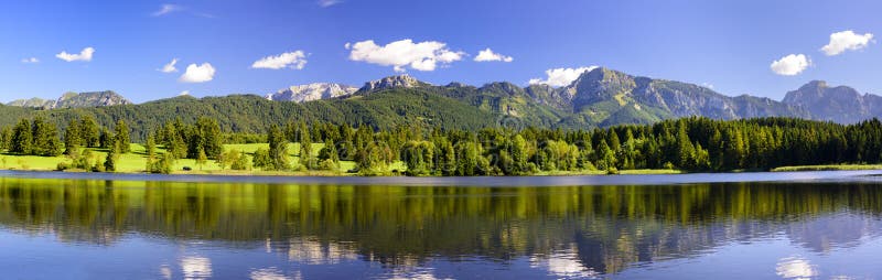 Panorama Scene in Bavaria with Mountains Mirroring in Lake Stock Image ...