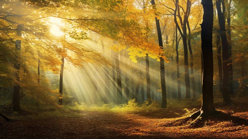 Panorama of a Scenic Forest of Fresh Green Deciduous Trees with the Sun ...