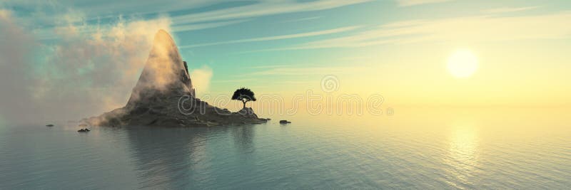 Panorama of Sea Sunset, the Volcano in the Ocean Stock Illustration ...
