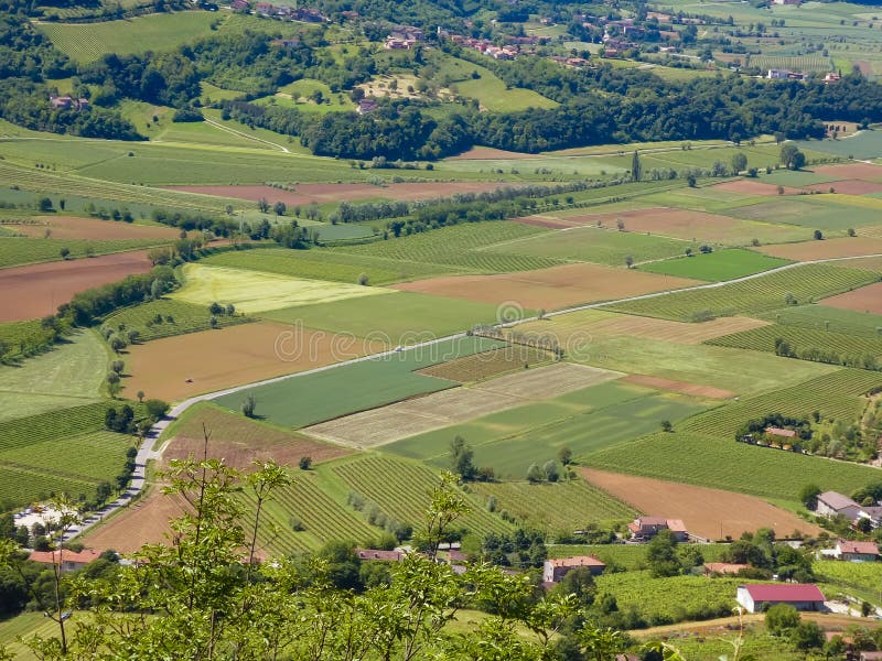 Panorama Seen from Above of Plain with the Cultivated Fields Divided ...