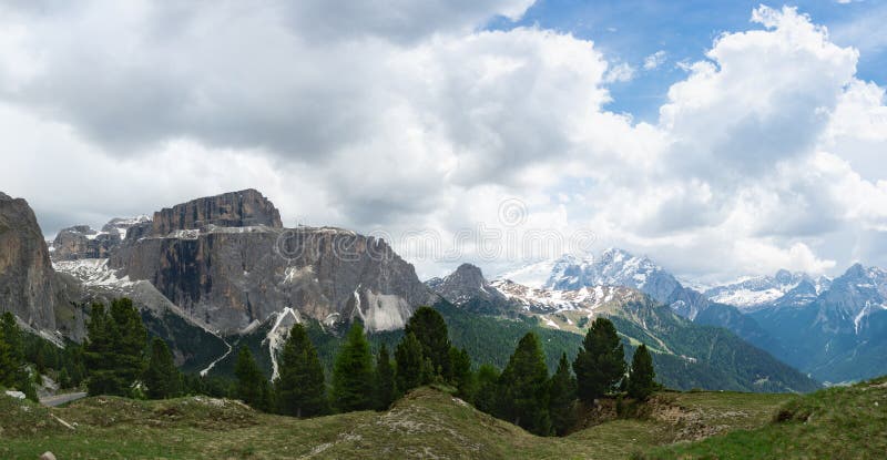 Panorama of Sella Massif and Mount Marmolada. Dolomites, Italy Stock ...