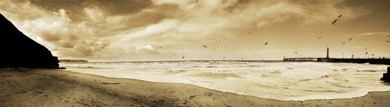 Panorama in Sepia of Whitby Beach Stock Photo - Image of seagull ...
