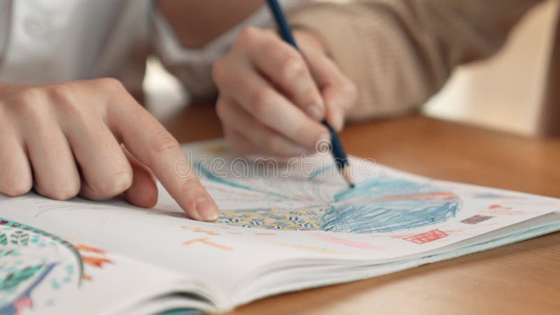 Panorama Shot of Student Hand Drawing and Coloring by Using Marker ...