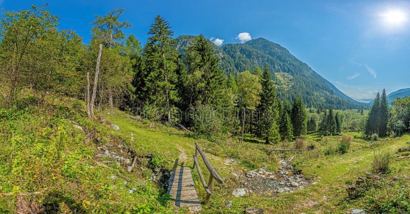 Panorama Shot of a Small Pedestrian Bridge Over a Small Mountain Stream ...
